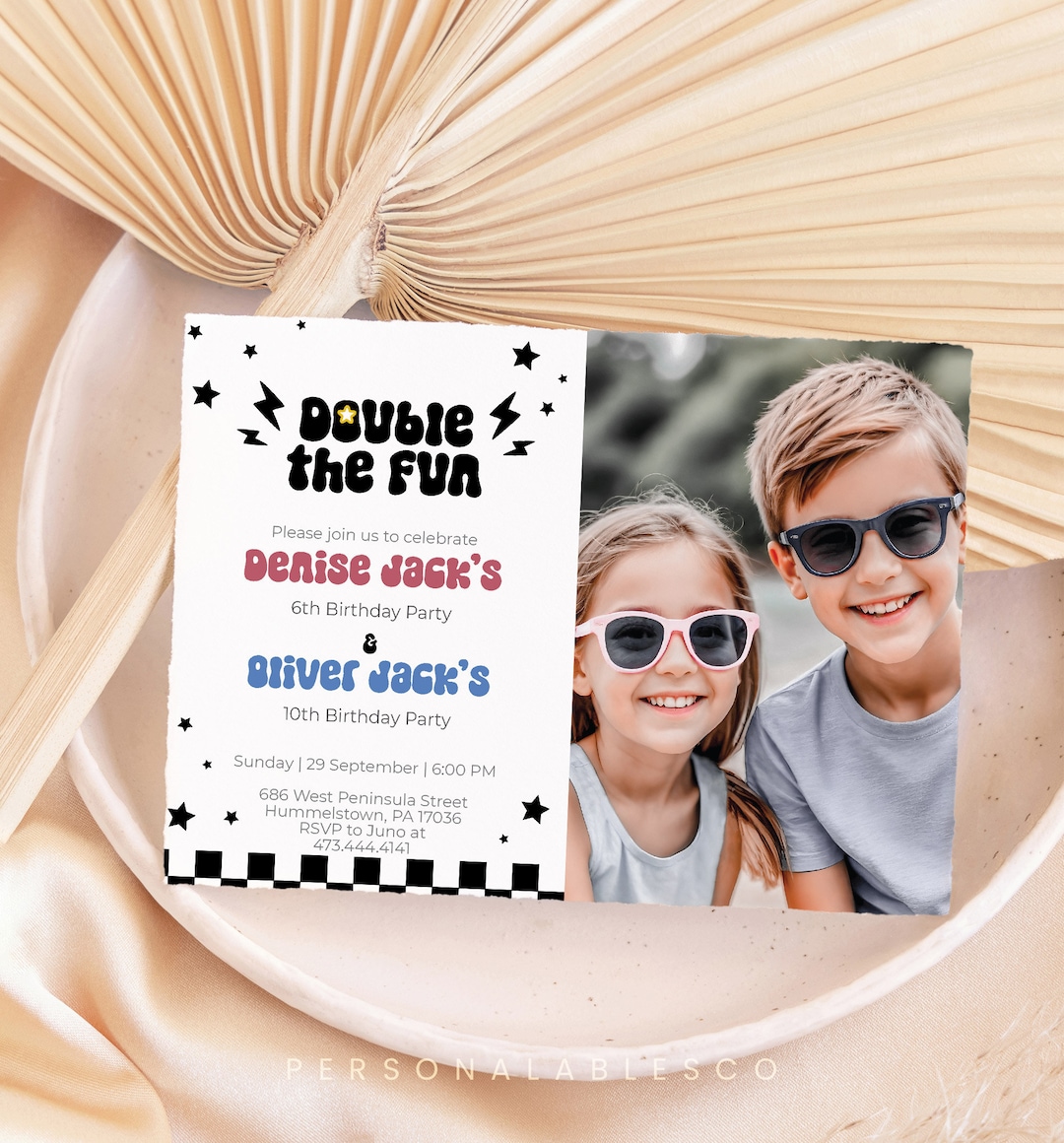 Editable Happy Dude Double Birthday Invitation With Picture Retro 70s ...