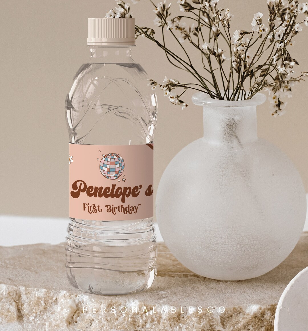Editable Groovy Water Bottle Label Custom Boho Retro Birthday Diy Label ...