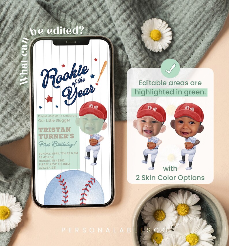 Editable Baseball Invitation First Birthday Party With Picture Rookie ...
