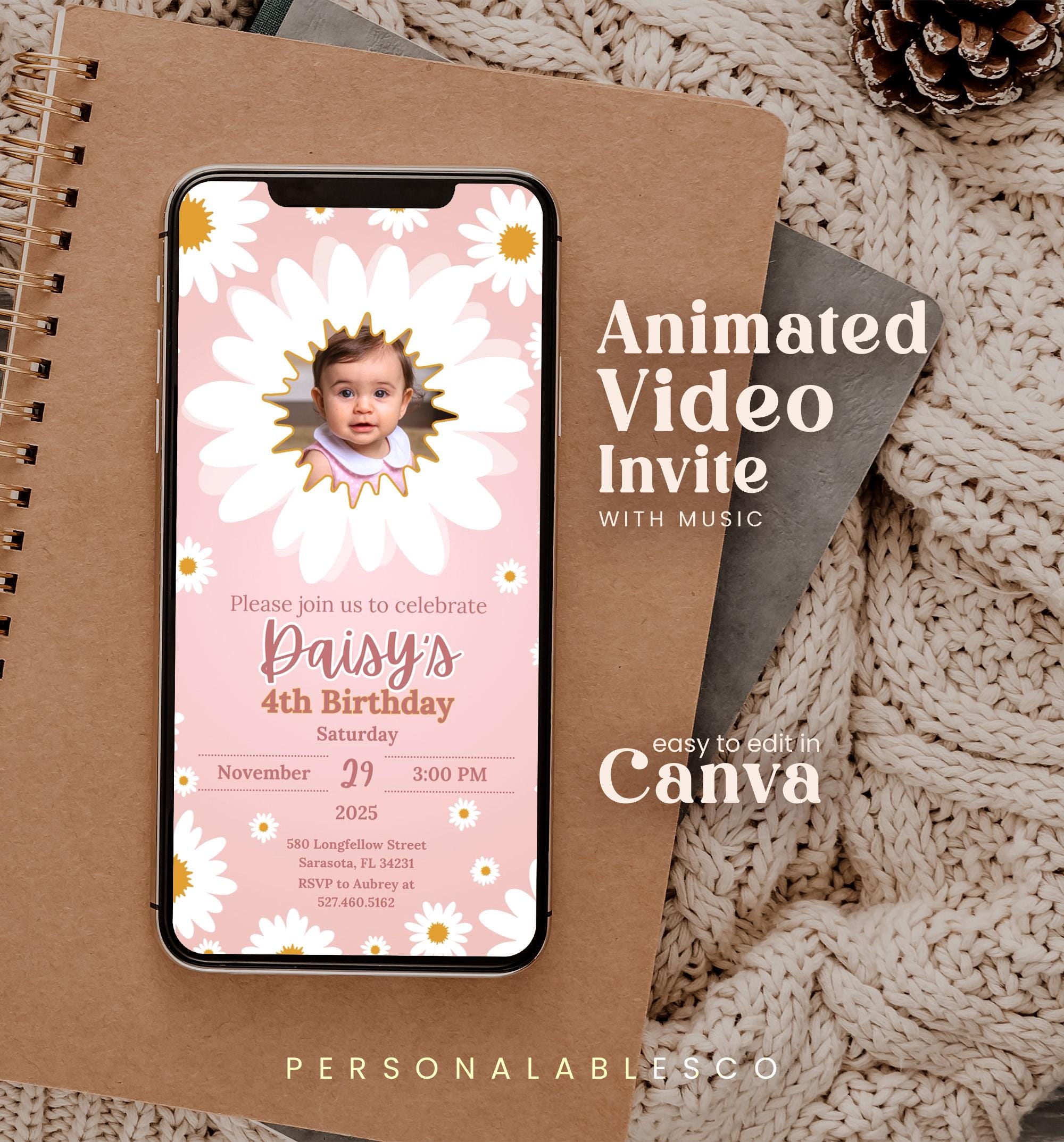 Editable Daisy Pink Any Age Birthday Video Invitation Personalables ...