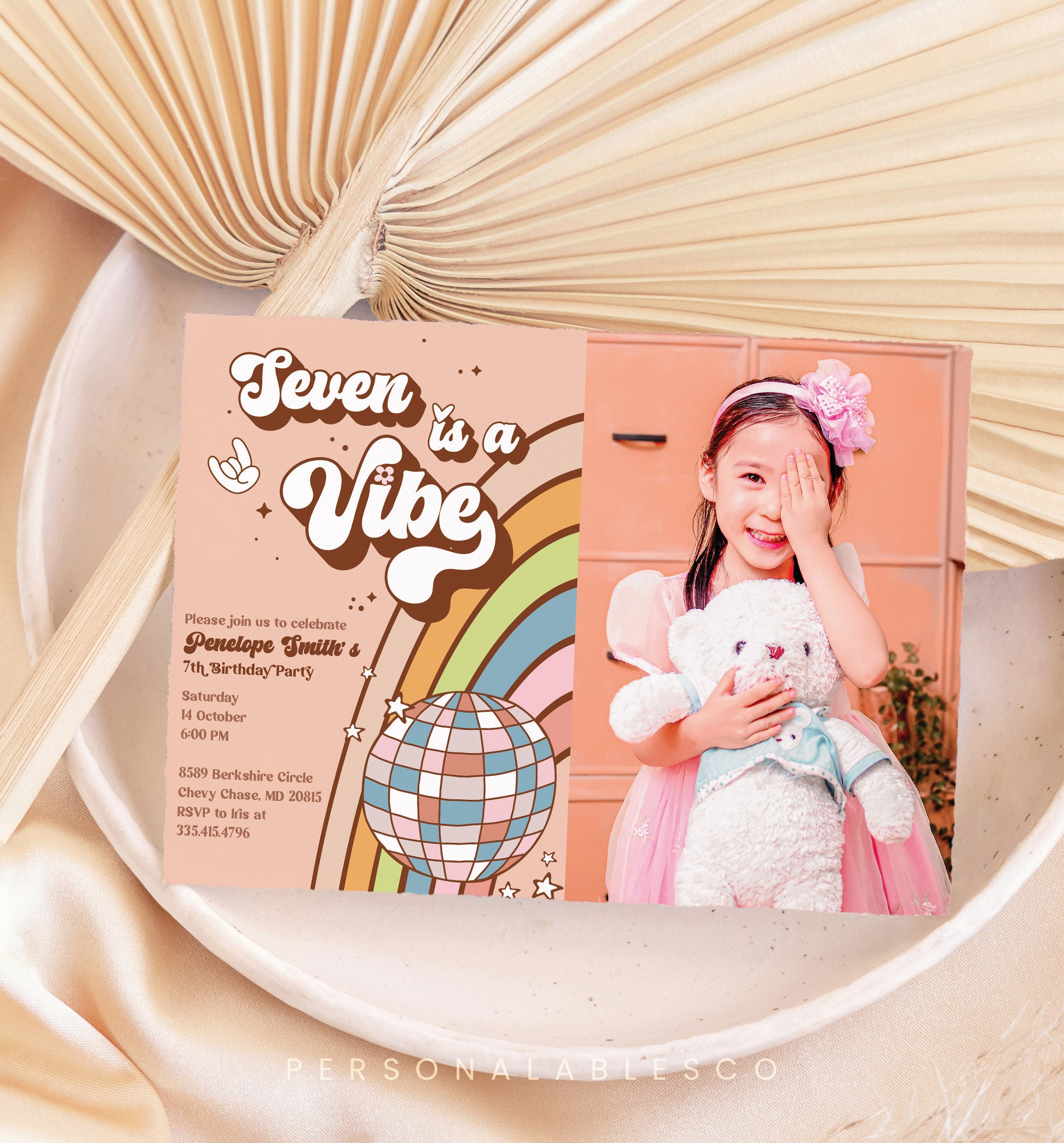 Editable Seven is A Vibe Groovy 7th DIY Birthday Photo Invitation Retro ...