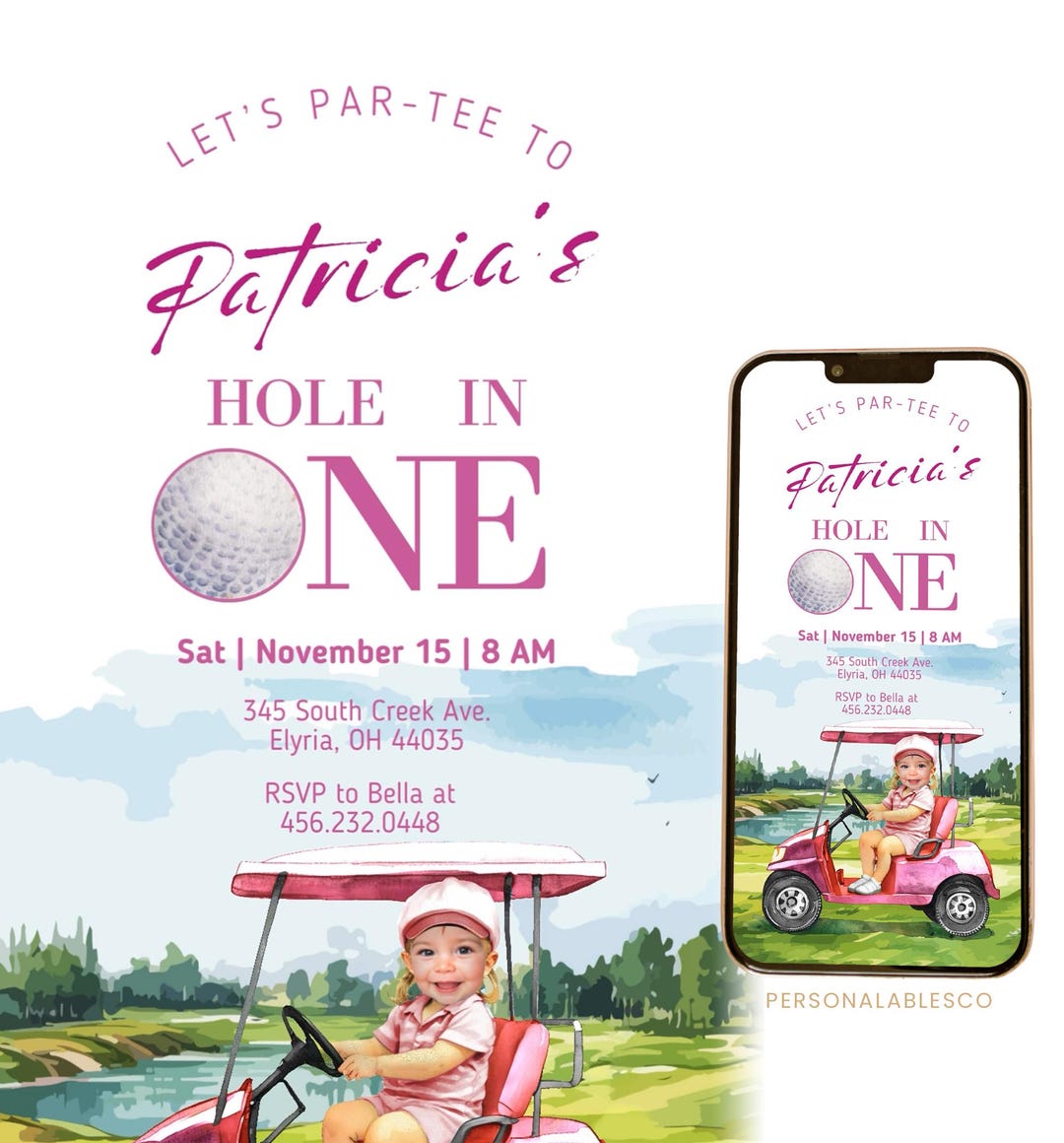 Editable Hole in One Pink Golf 1st Birthday Animated Invitation With ...