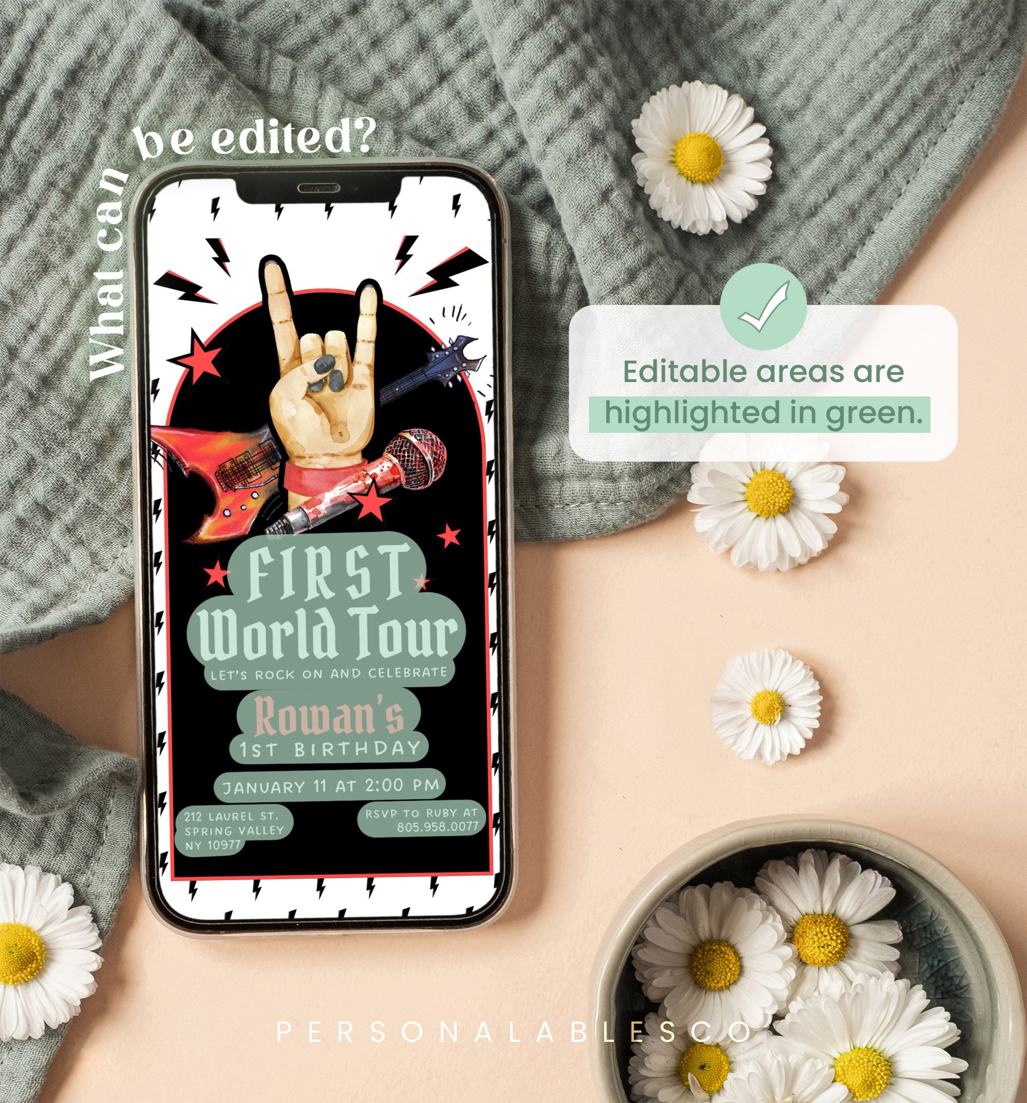 Editable First World Tour Birthday Invitation Video 1st Rock & Roll ...