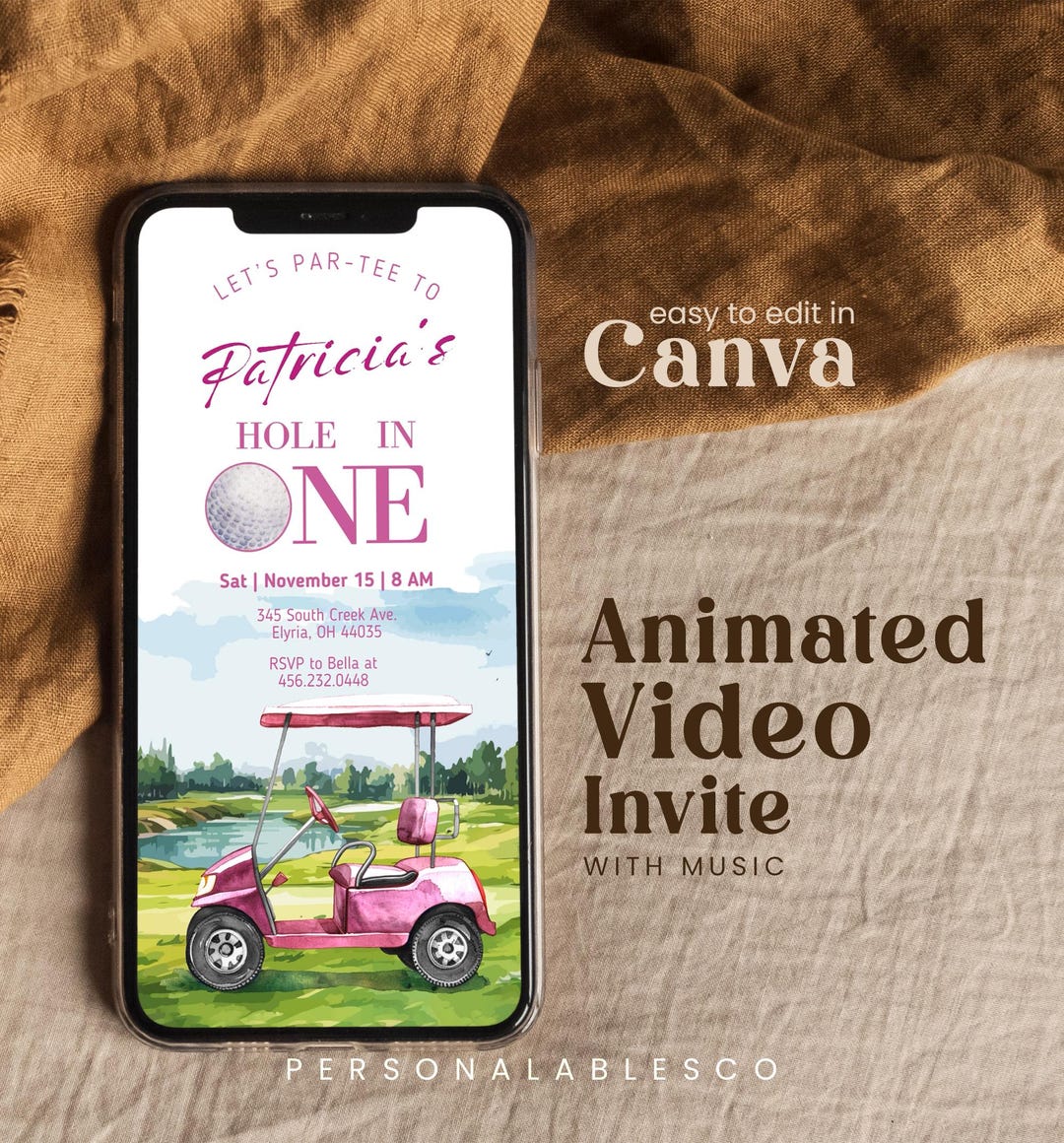 Editable Hole in One Pink Golf 1st Birthday Invitation Video ...