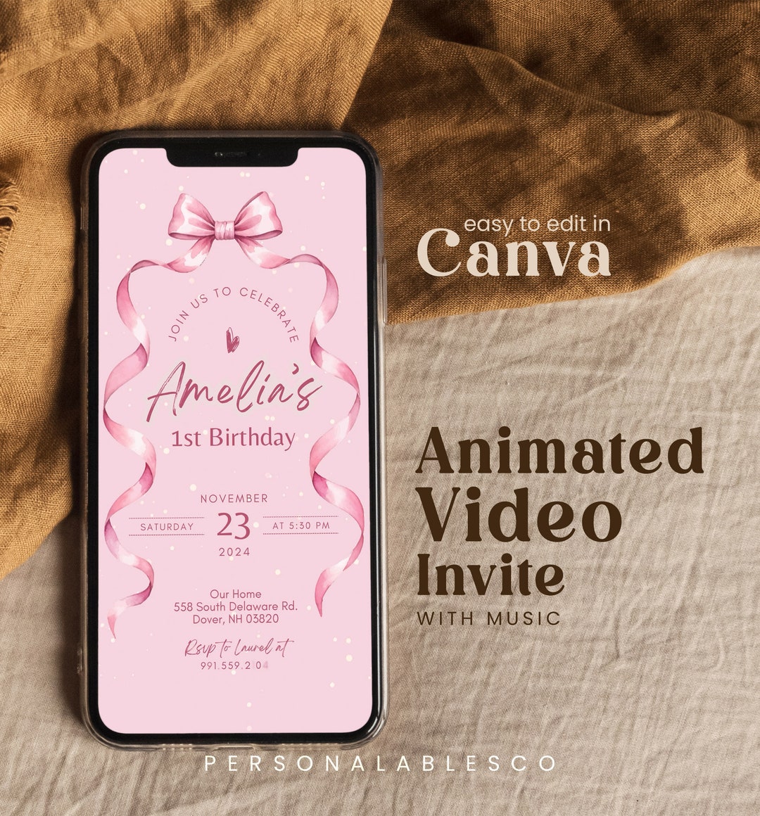 Editable Pink Bow First Birthday Invitation Video Any Age Girl Soft ...