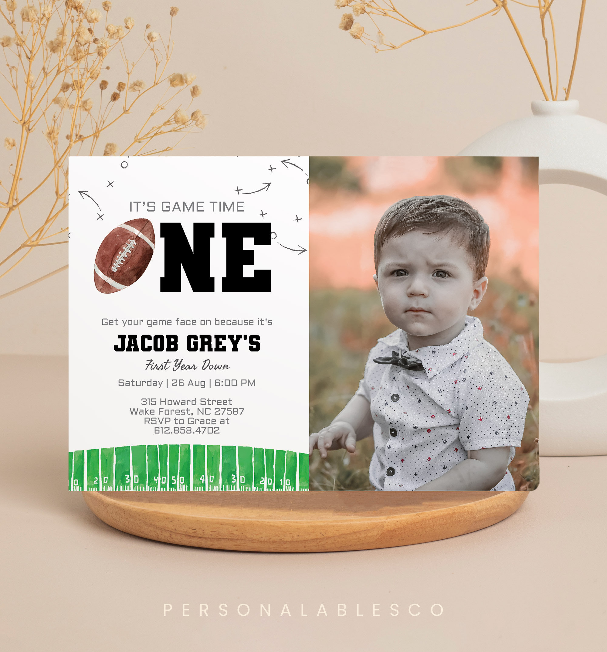 First Year Down Birthday Invitation Football With Picture Boy Sports ...