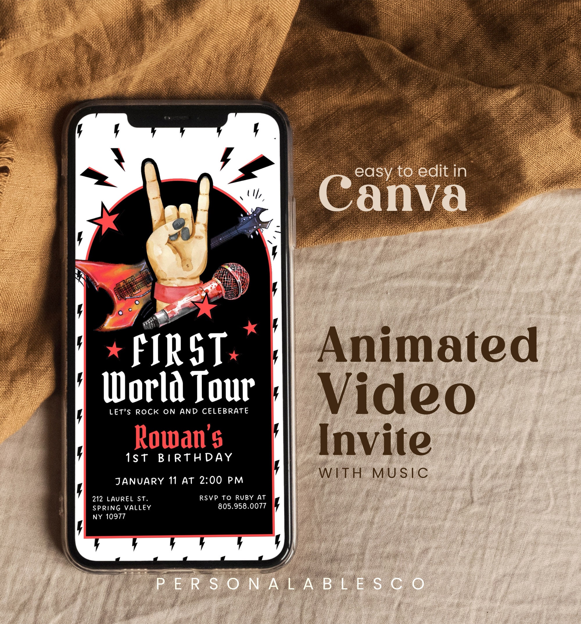 Editable First World Tour Birthday Invitation Video 1st Rock & Roll ...
