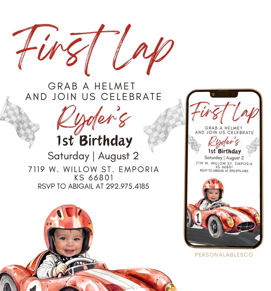 Editable First Lap Race Car 1st Birthday Animated Invitation With Photo ...