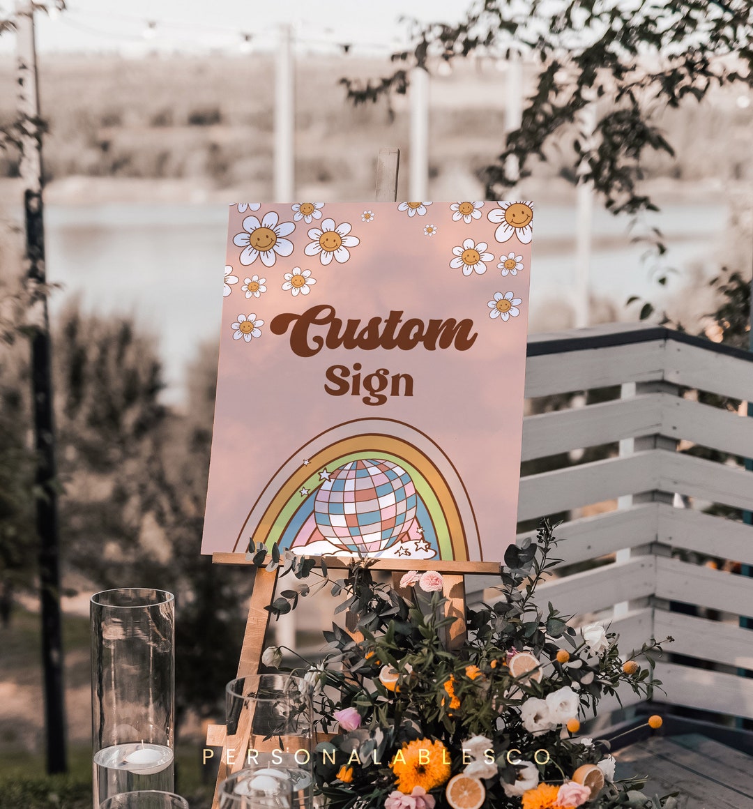 Editable Groovy Custom Sign Retro Birthday Table Centerpiece Hippie ...