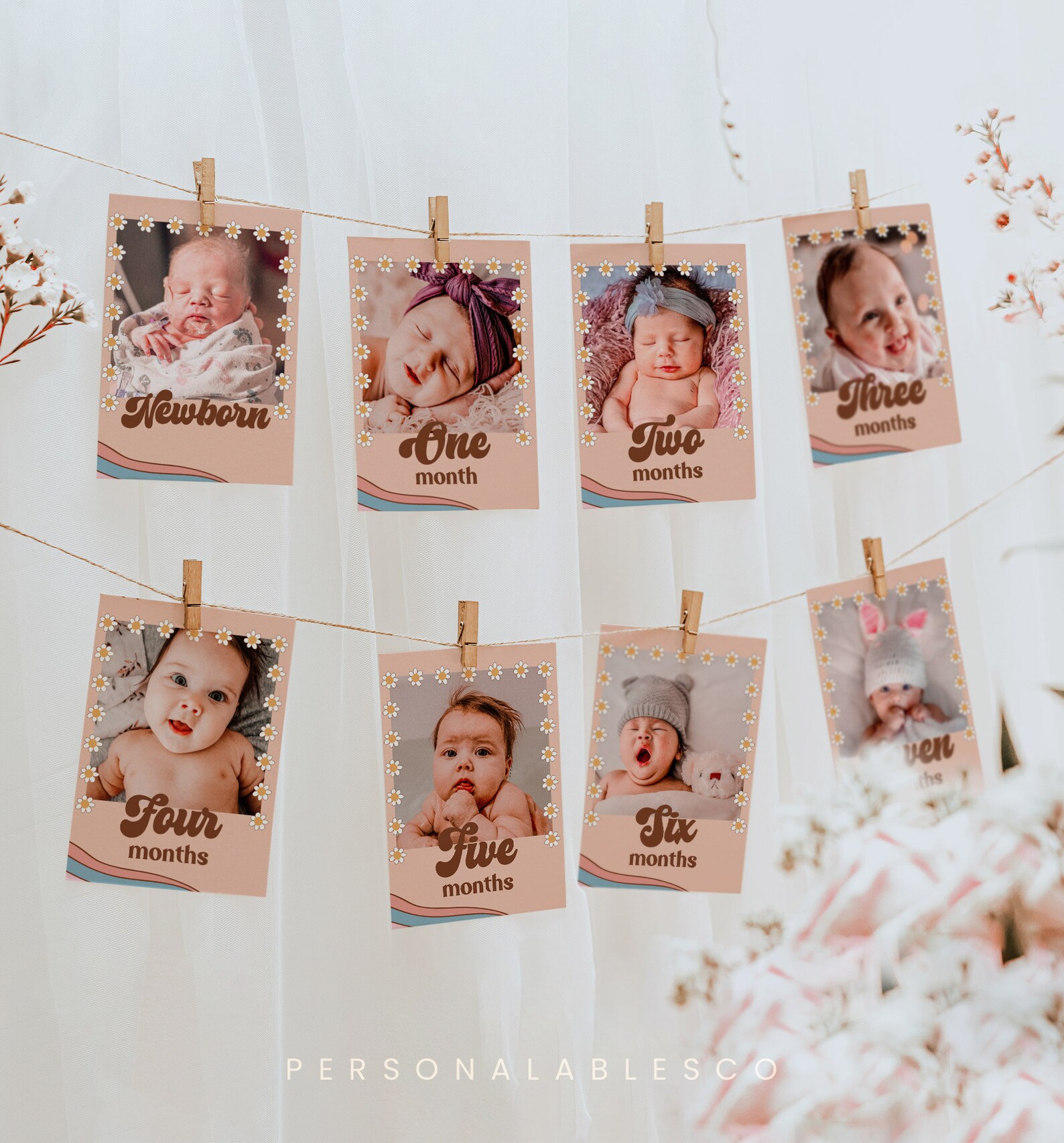Editable Groovy Monthly Photo Banner Baby Retro Milestone Banner Hippie ...