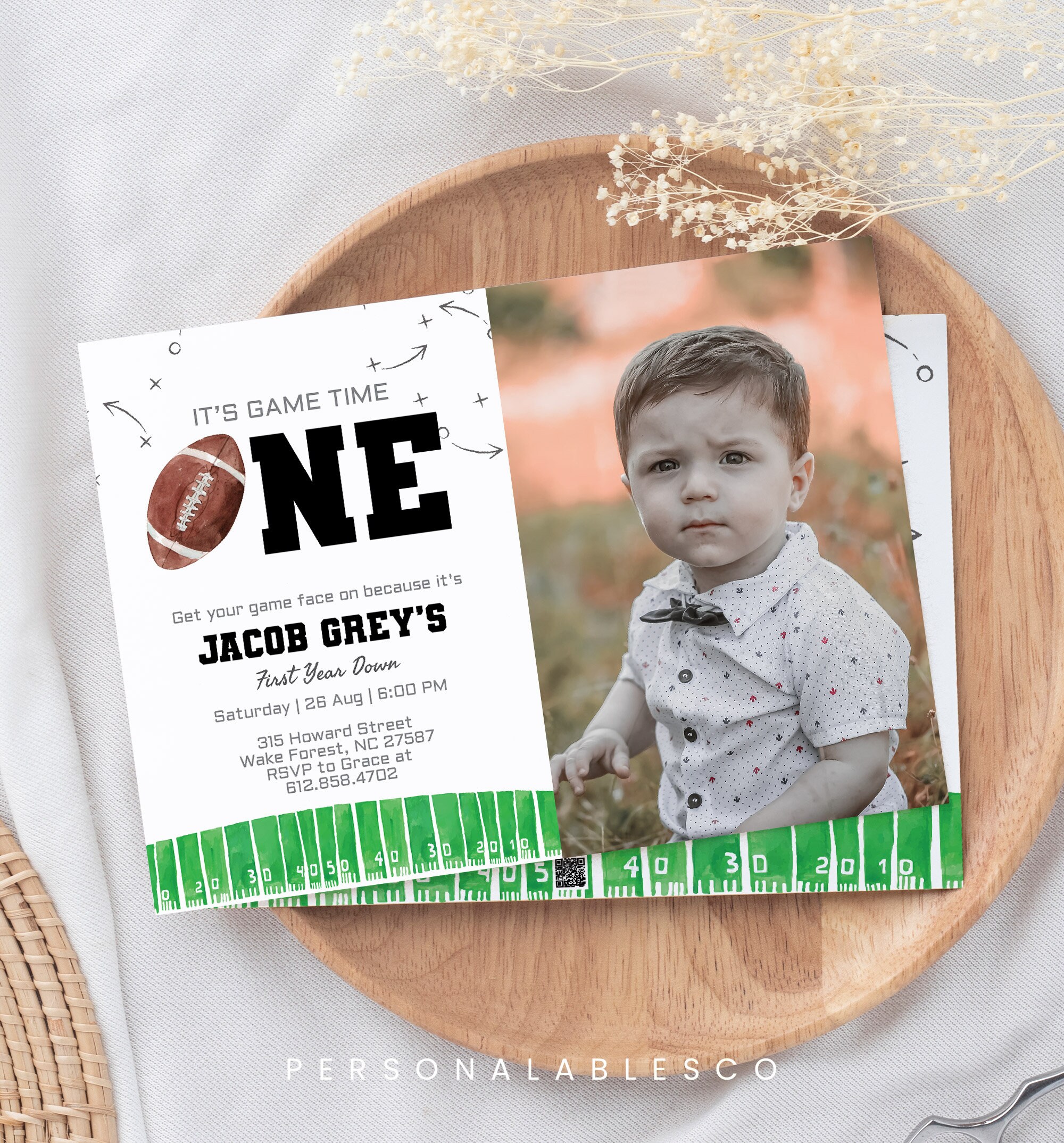 First Year Down Birthday Invitation Football With Picture Boy Sports ...