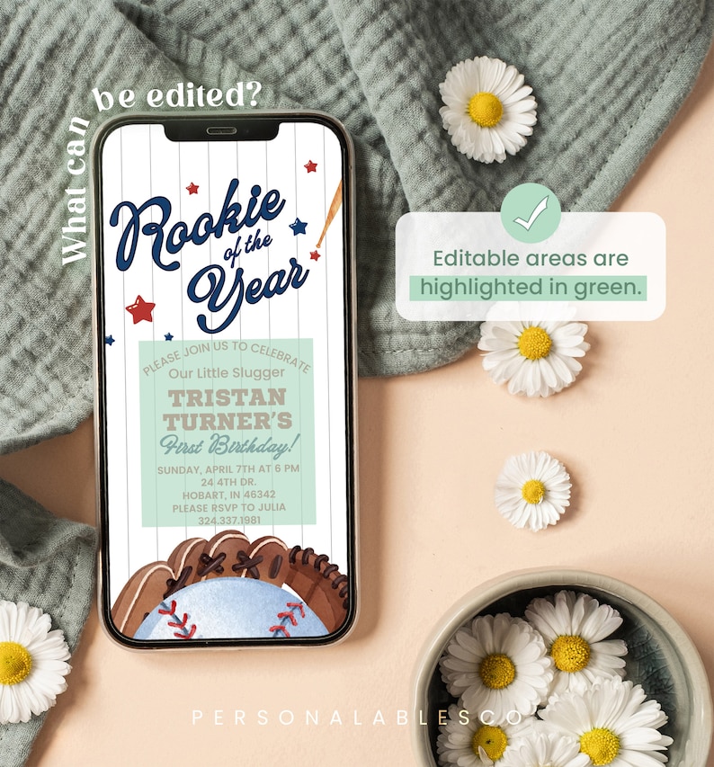 Editable Baseball Invitation First Birthday Party Rookie of the Year ...