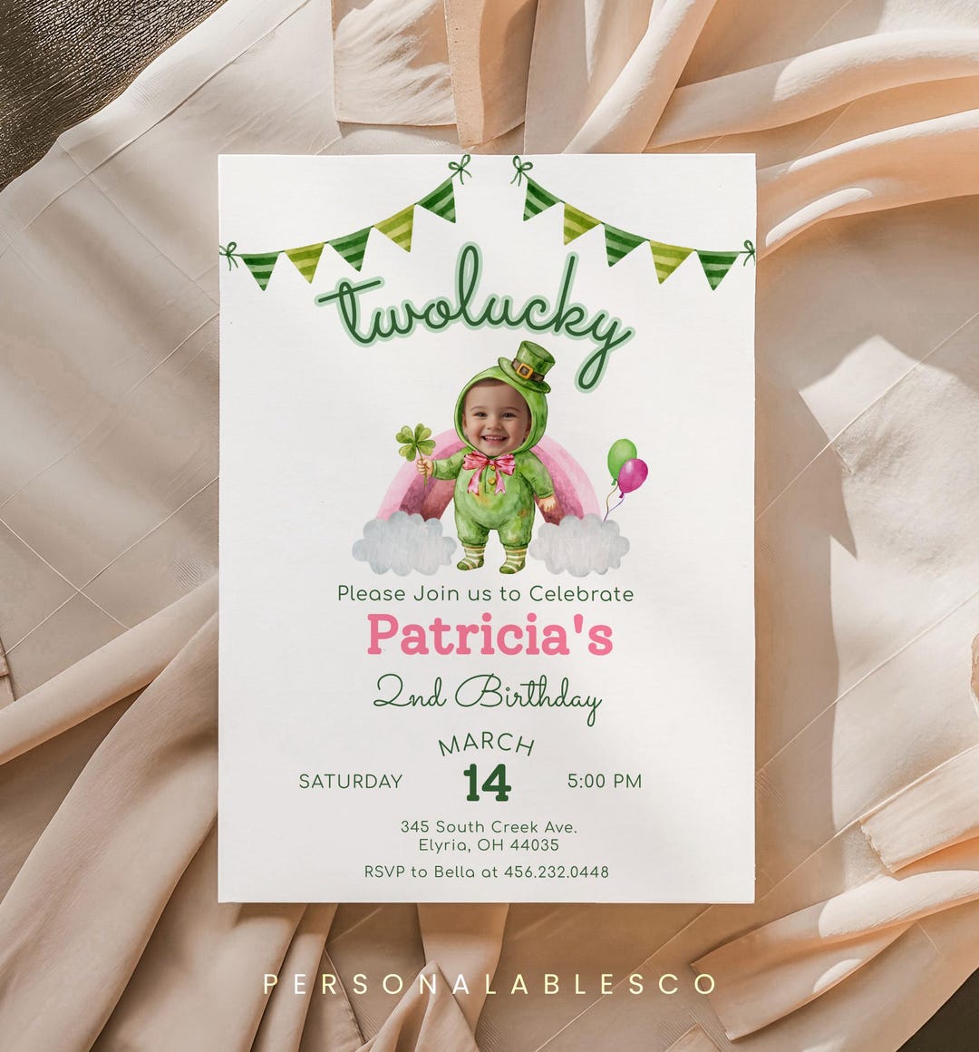 Editable Two Lucky 2nd Birthday Invitation Photo Print St Patrick Girl ...
