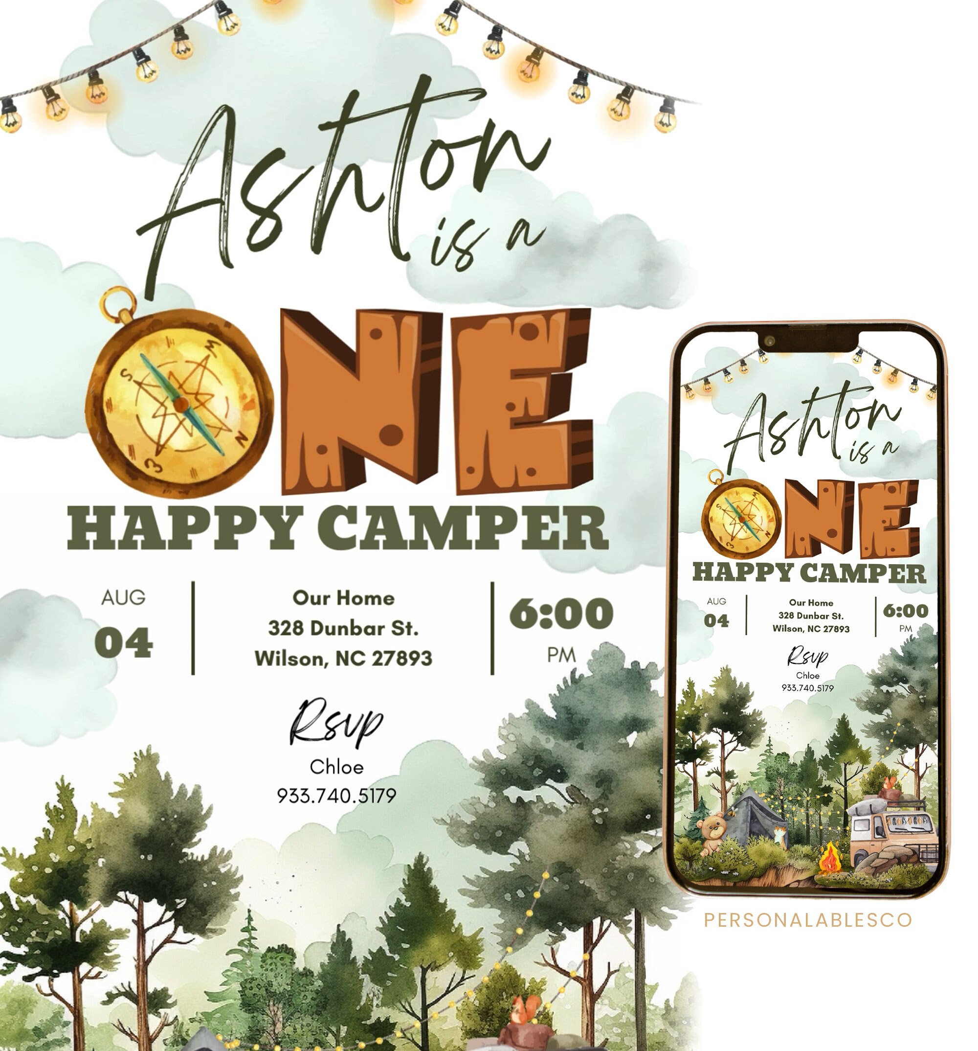 Editable One Happy Camper First Birthday Invitation Template Woodland Animal Theme Boy 1st Bday ...
