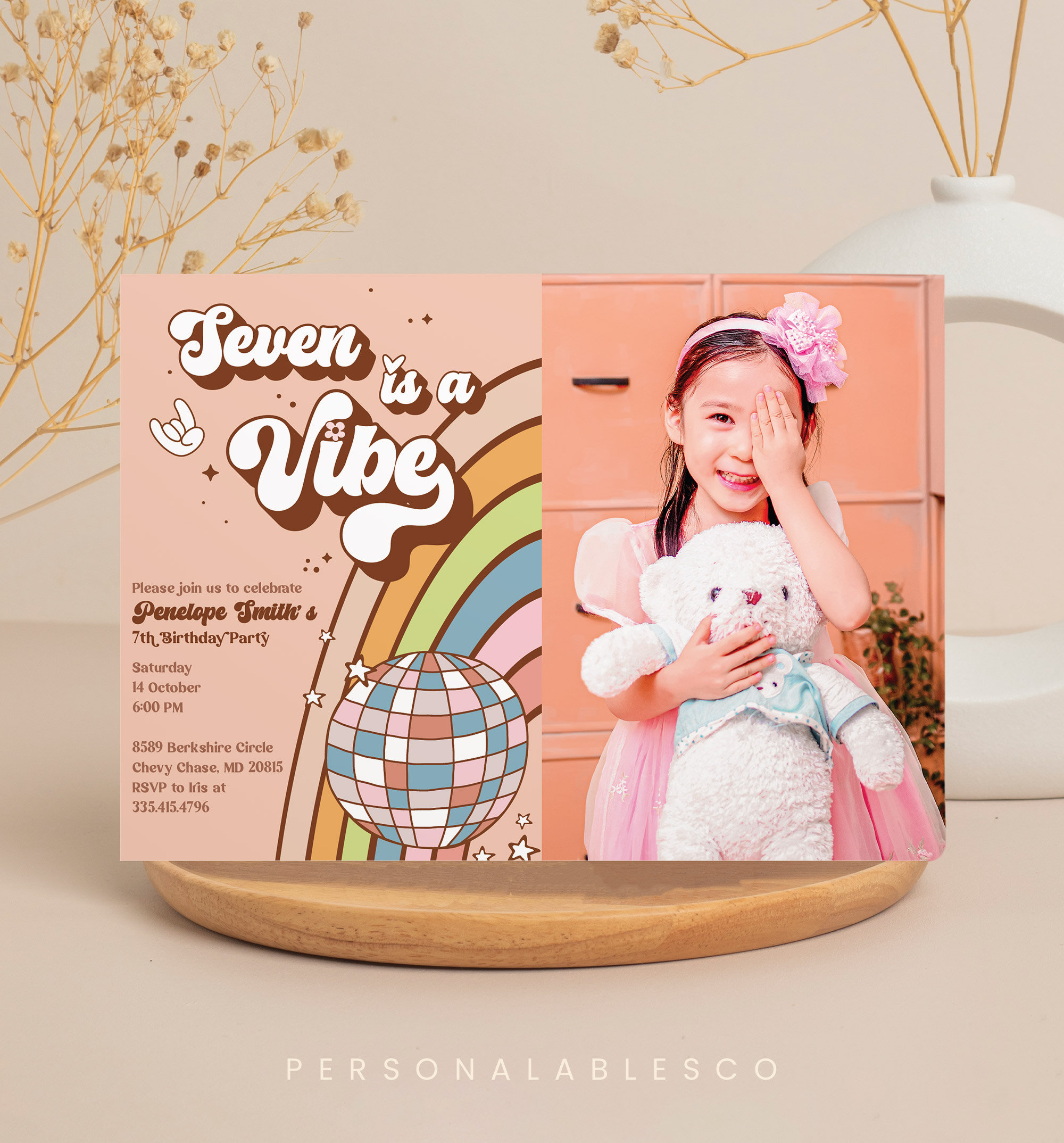 Editable Seven is A Vibe Groovy 7th DIY Birthday Photo Invitation Retro ...