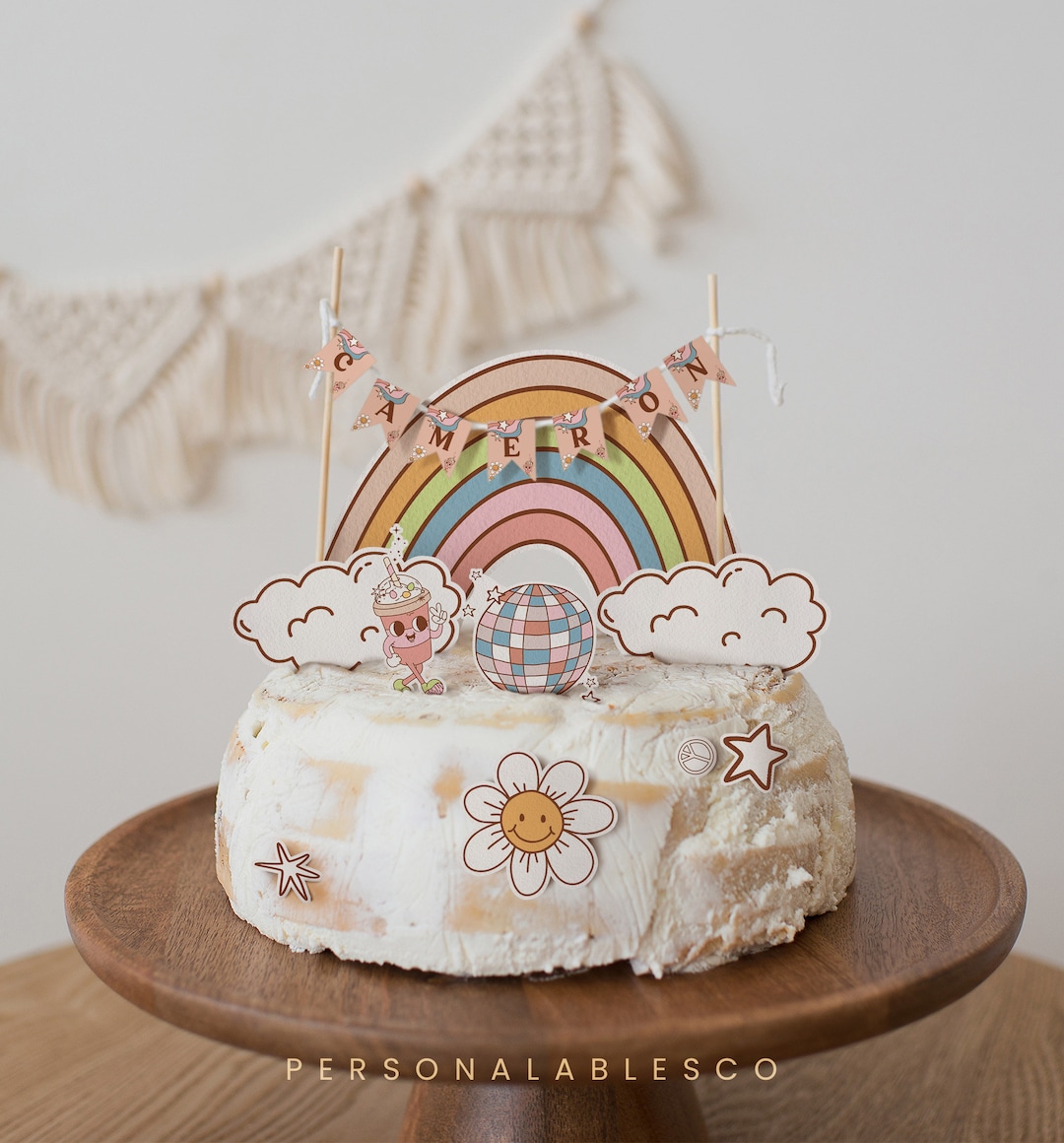 Groovy Birthday Cake Topper Retro Custom Name Banner Bunting Flags ...