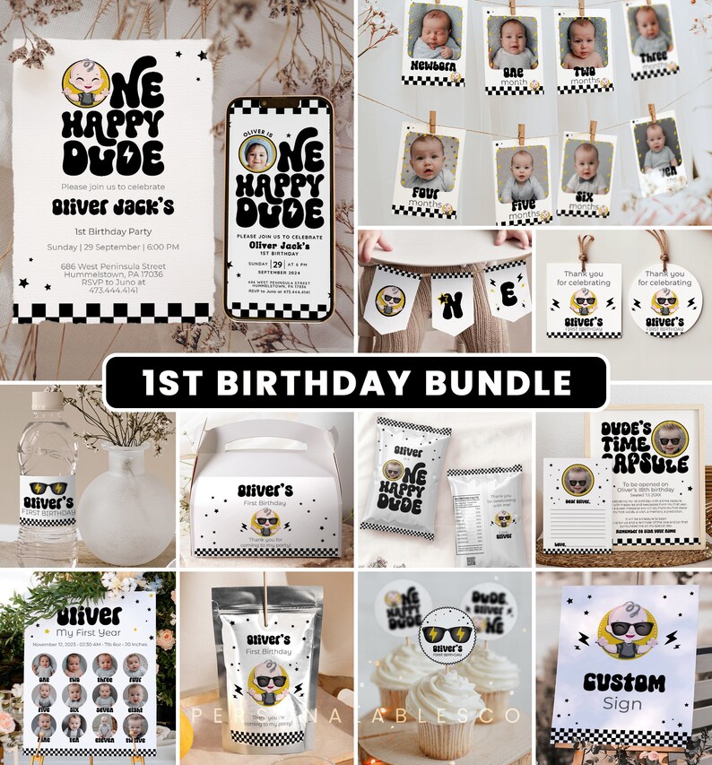 One Happy Dude 1st Birthday Bundle Cool Rad Boy Party Package Retro ...