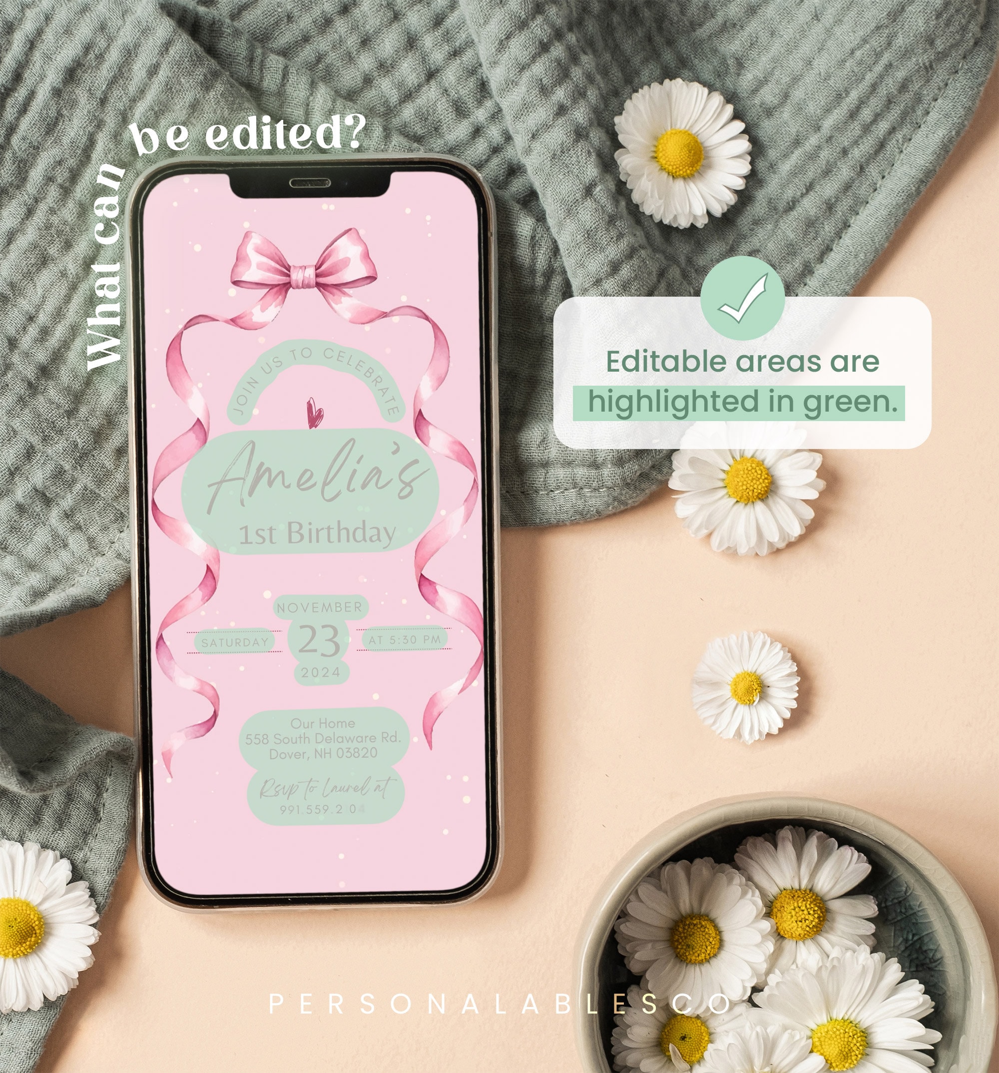 Editable Pink Bow First Birthday Invitation Video Any Age Girl Soft ...