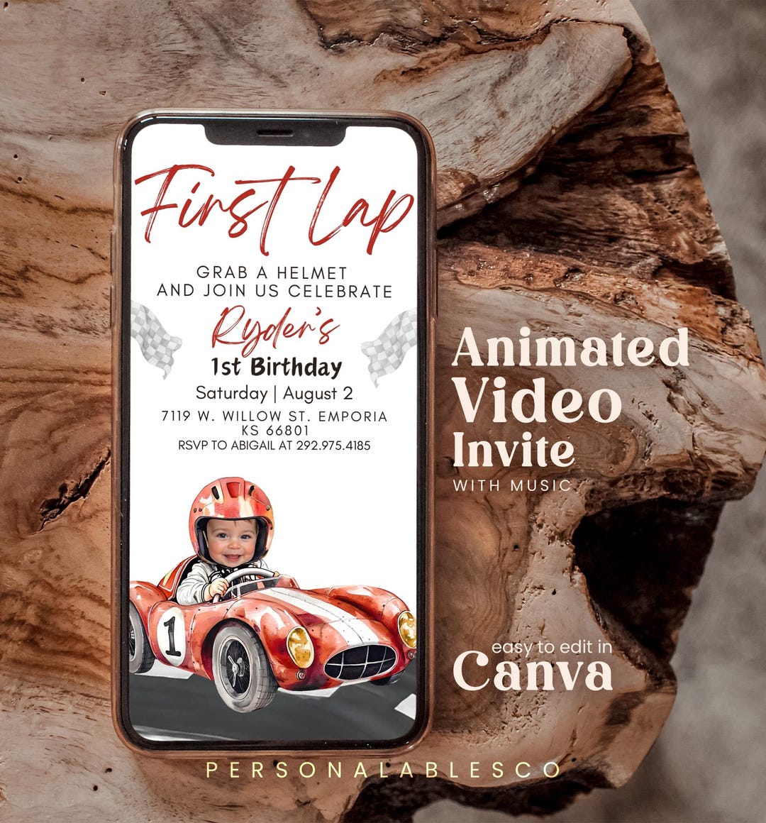 Editable First Lap Race Car 1st Birthday Animated Invitation With Photo ...