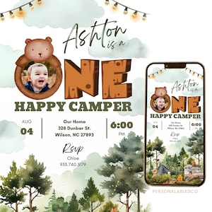 Editable One Happy Camper 1st Birthday Invitation Template With Picture Boys First Bday Rustic ...