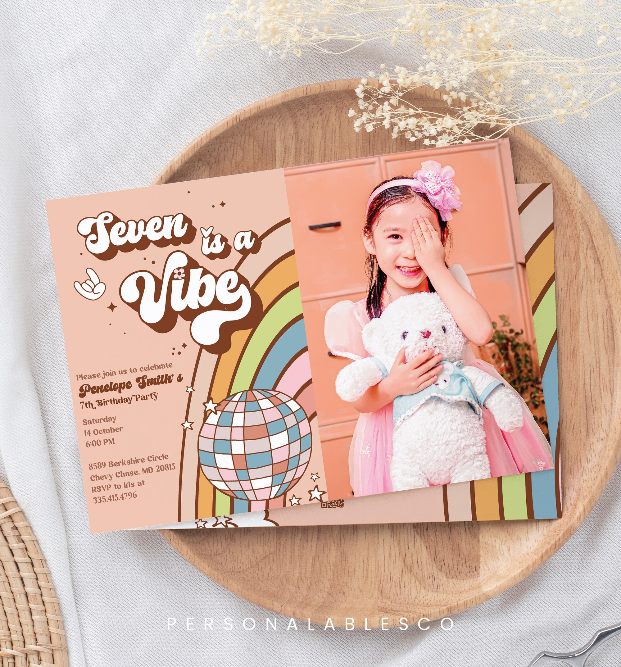 Editable Seven is A Vibe Groovy 7th DIY Birthday Photo Invitation Retro ...