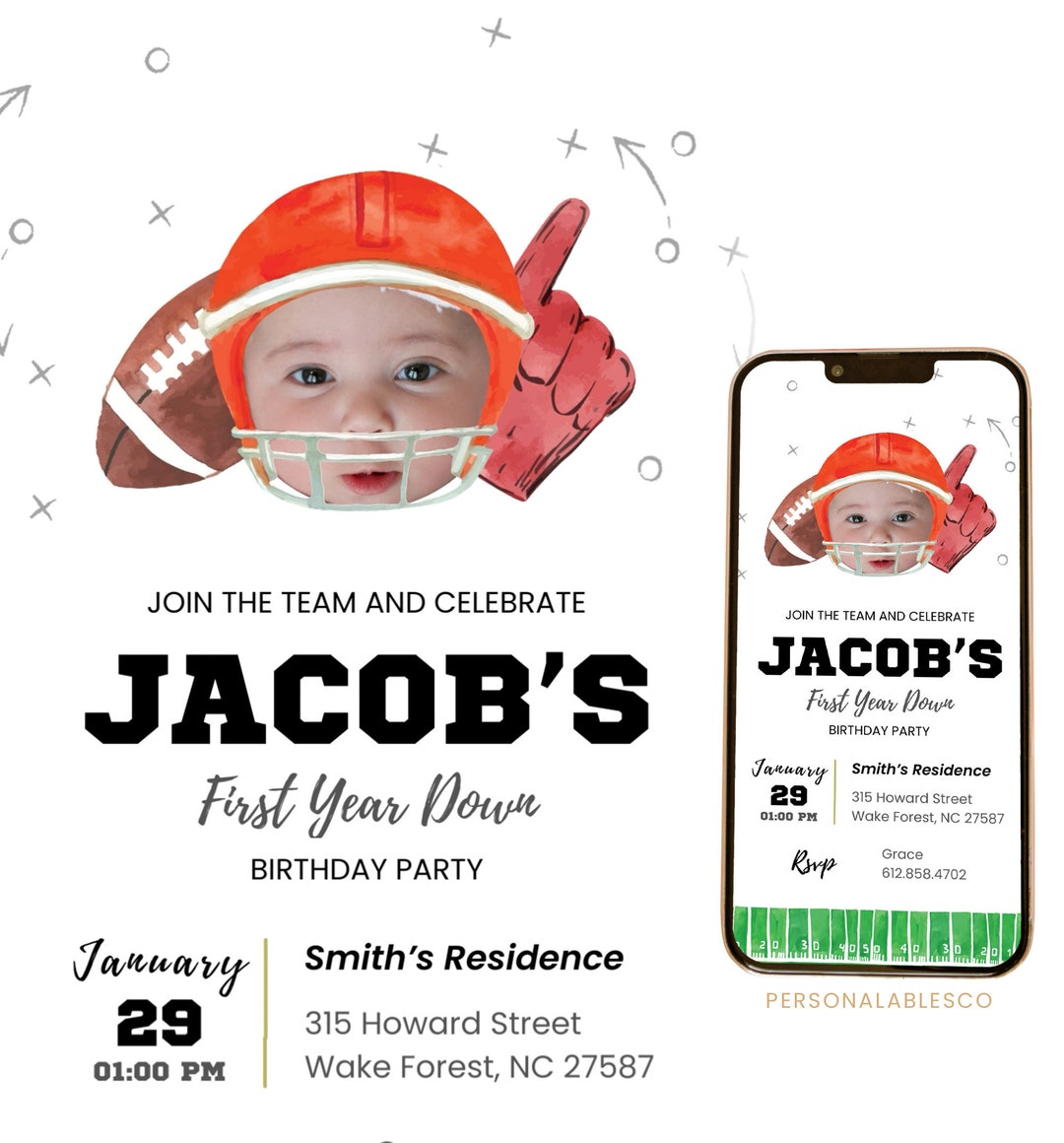 Editable First Year Down Birthday Invite Football Sports Animated ...