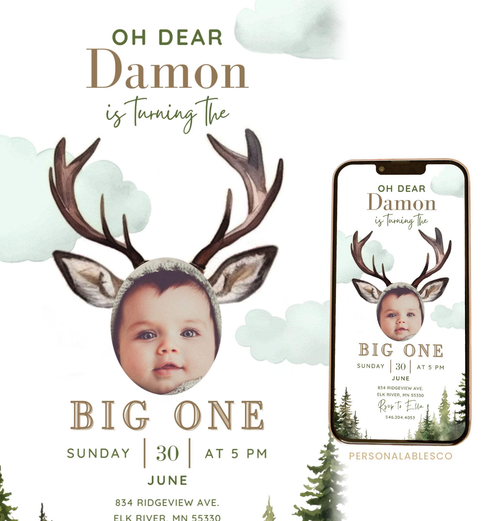 Editable Big One Hunting 1st Birthday Invitation Template With Picture ...