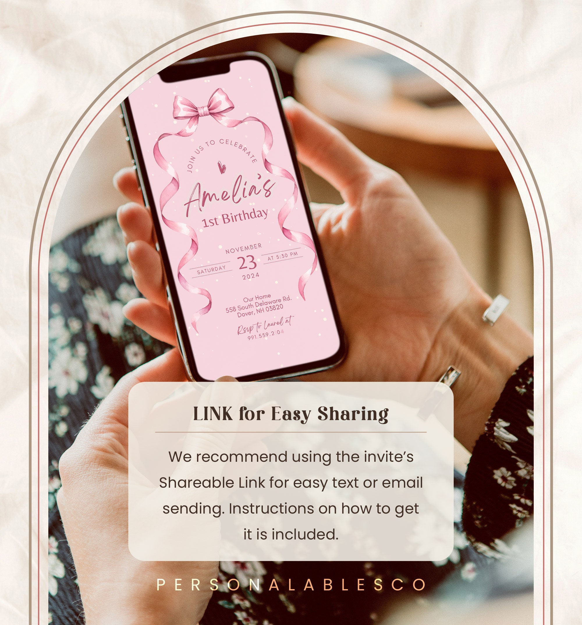 Editable Pink Bow First Birthday Invitation Video Any Age Girl Soft ...