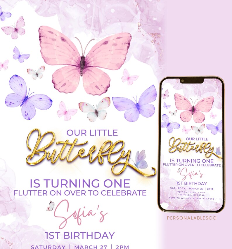 Editable Butterfly First Birthday Invitation Template Our Little Girl ...