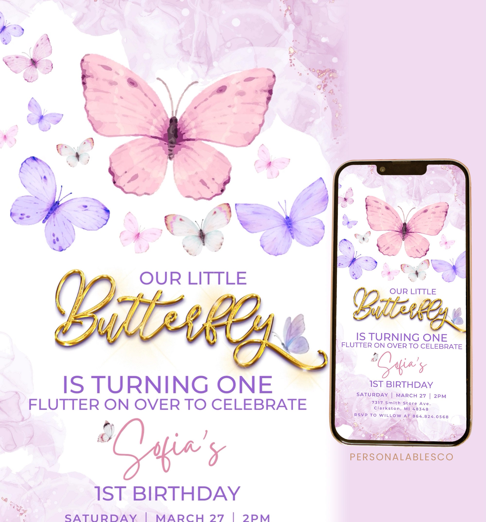 Editable Butterfly First Birthday Invitation Template Our Little Girl ...