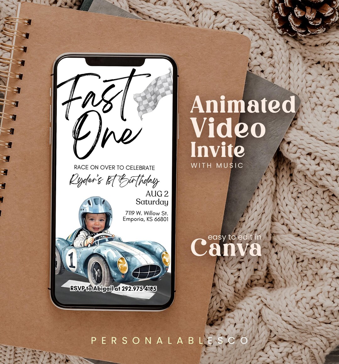 Editable Fast One Race Car 1st Birthday Animated Invitation With Photo ...
