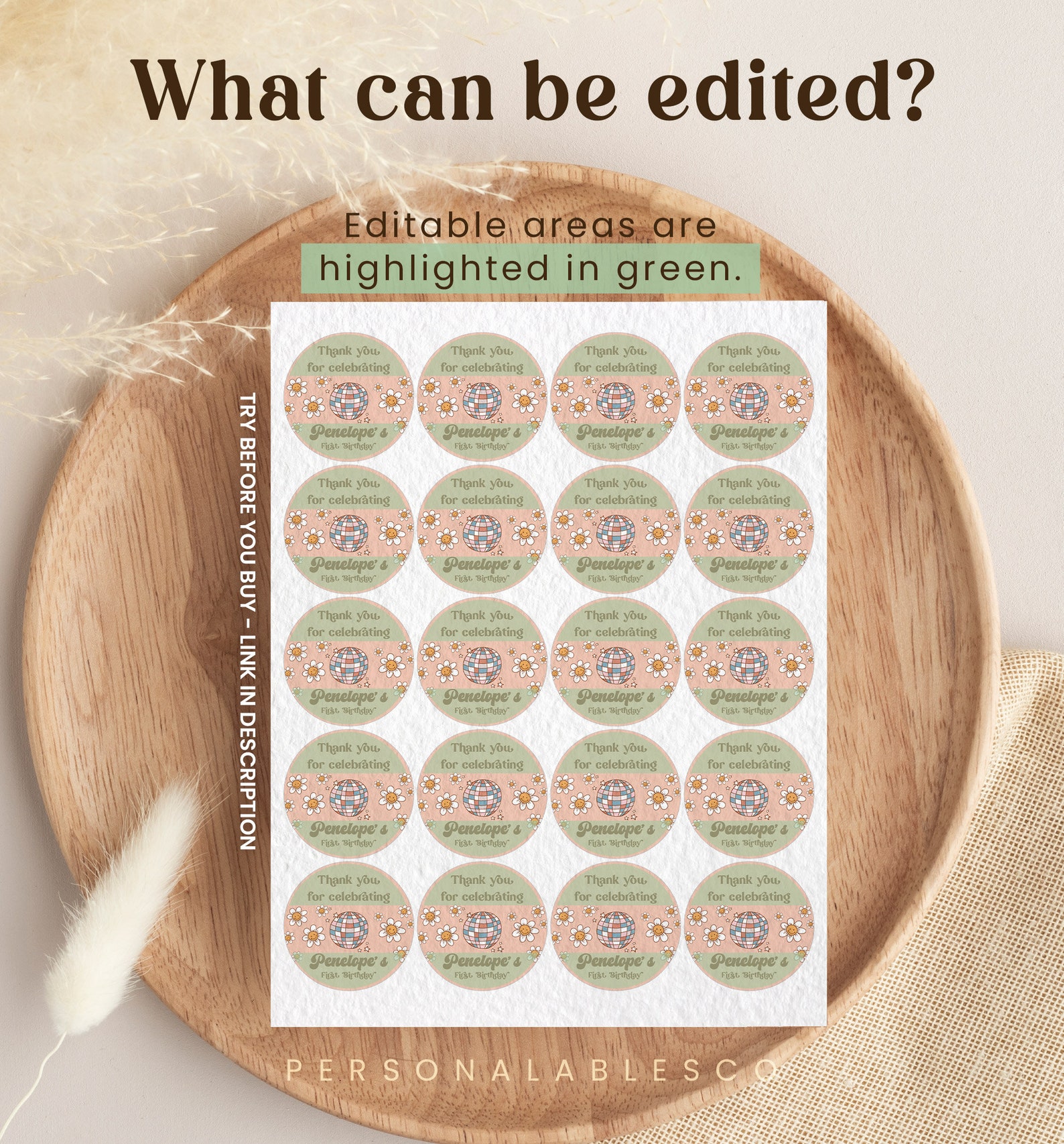 Editable Groovy Favor Tags Circle & Square Retro Party Diy Treats Label ...