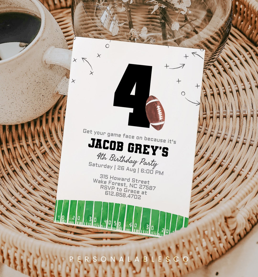 Football Any Age Birthday Invitation 4th Year Down Football Themed ...