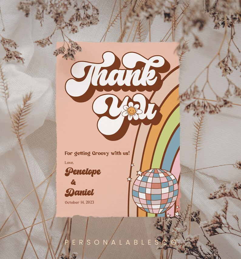 Editable Groovy Joint Birthday Thank You Card Hippie Siblings Birthday ...