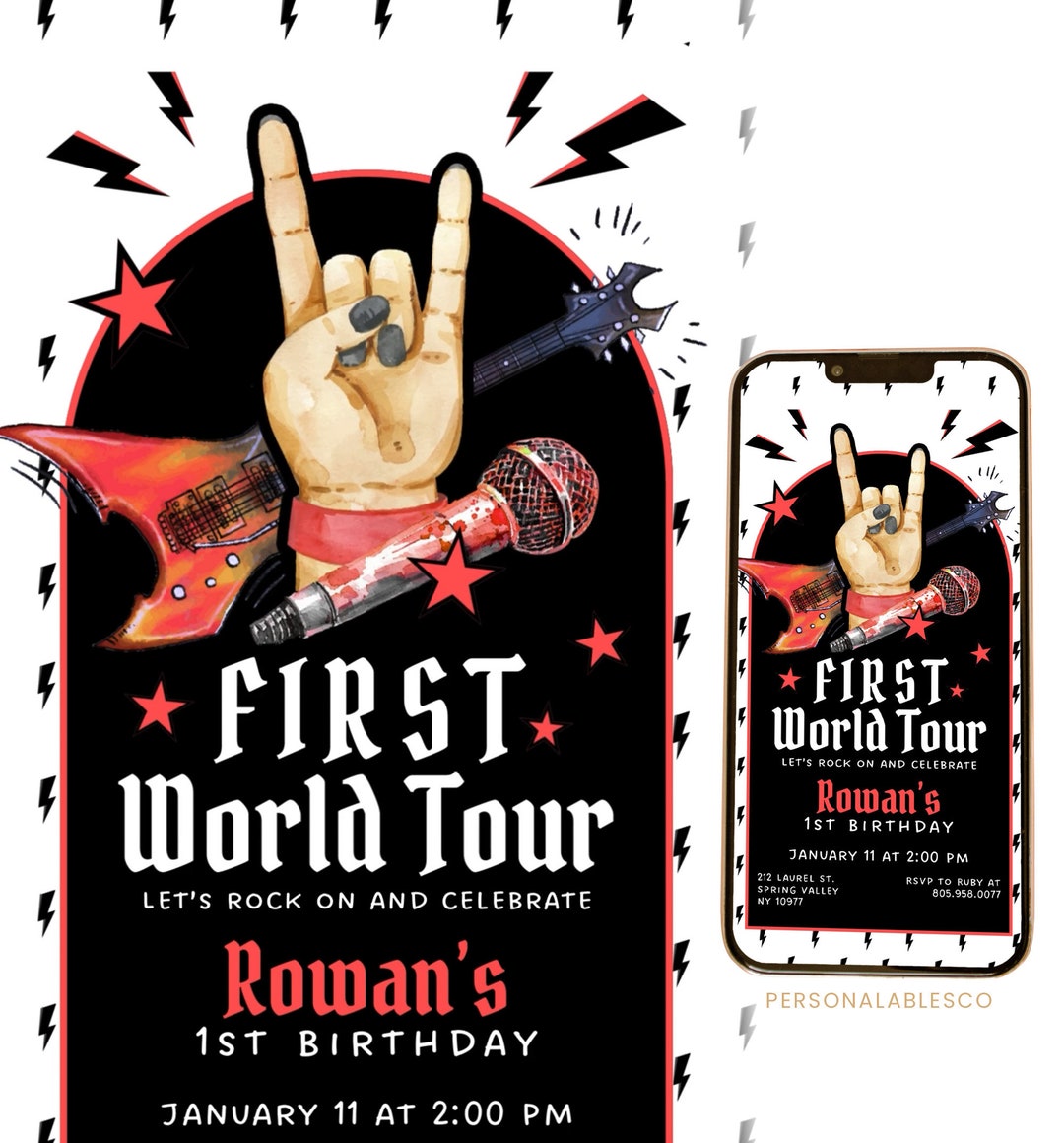 Editable First World Tour Birthday Invitation Video 1st Rock & Roll ...