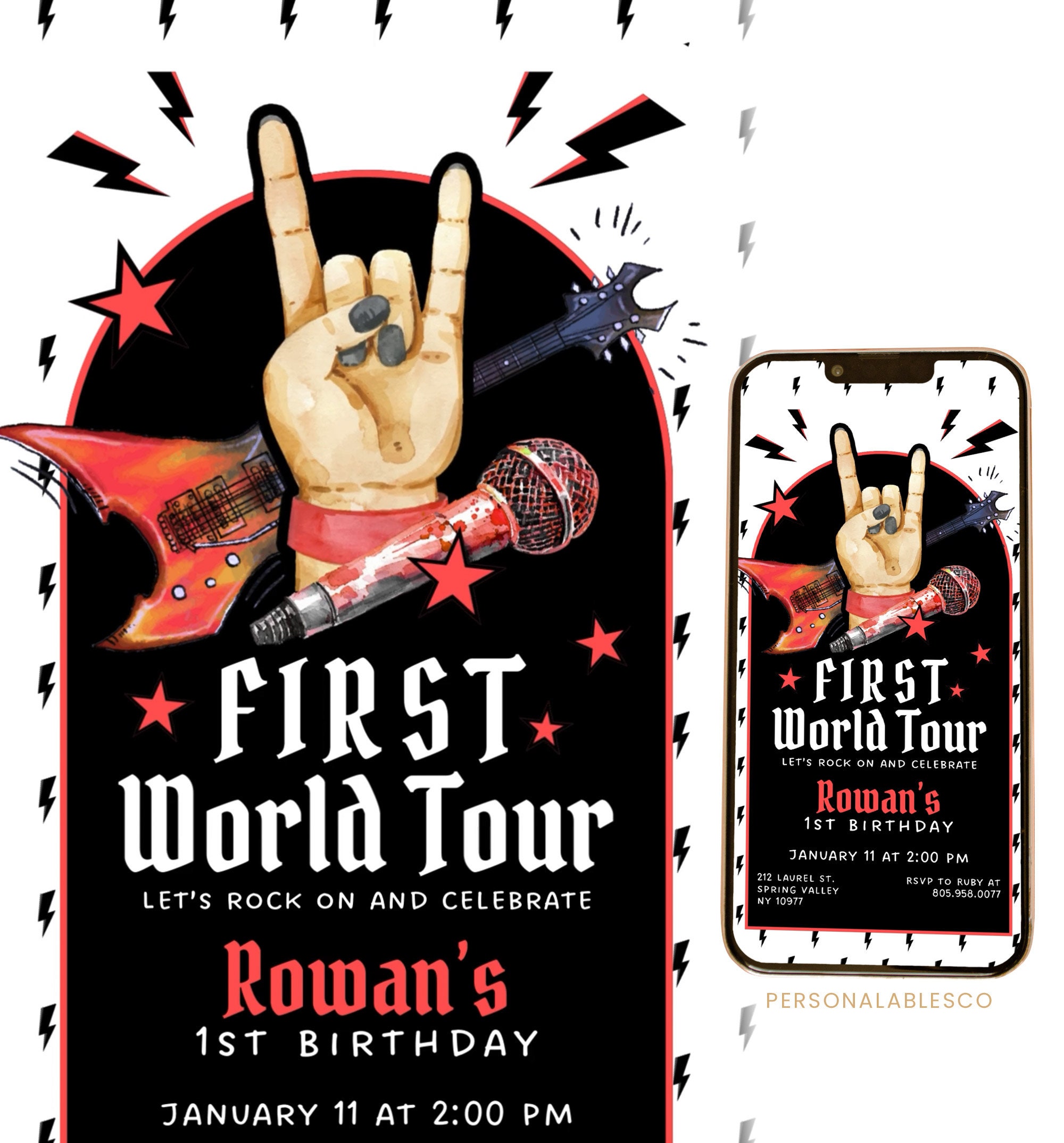 Editable First World Tour Birthday Invitation Video 1st Rock & Roll ...