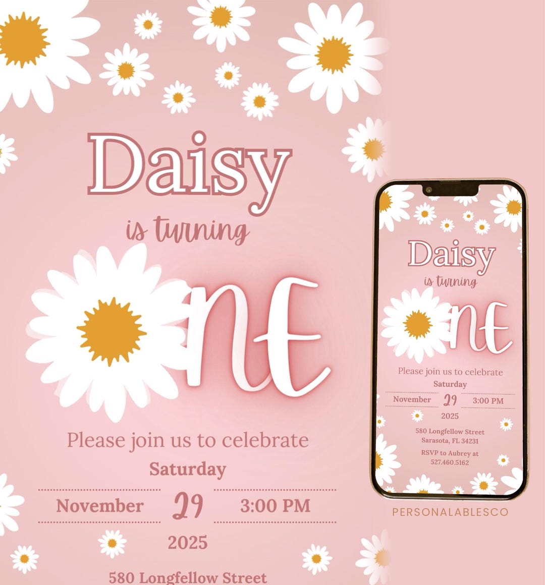 Editable Daisy 1st Birthday Invitation Video Personalables Retro Daisy ...
