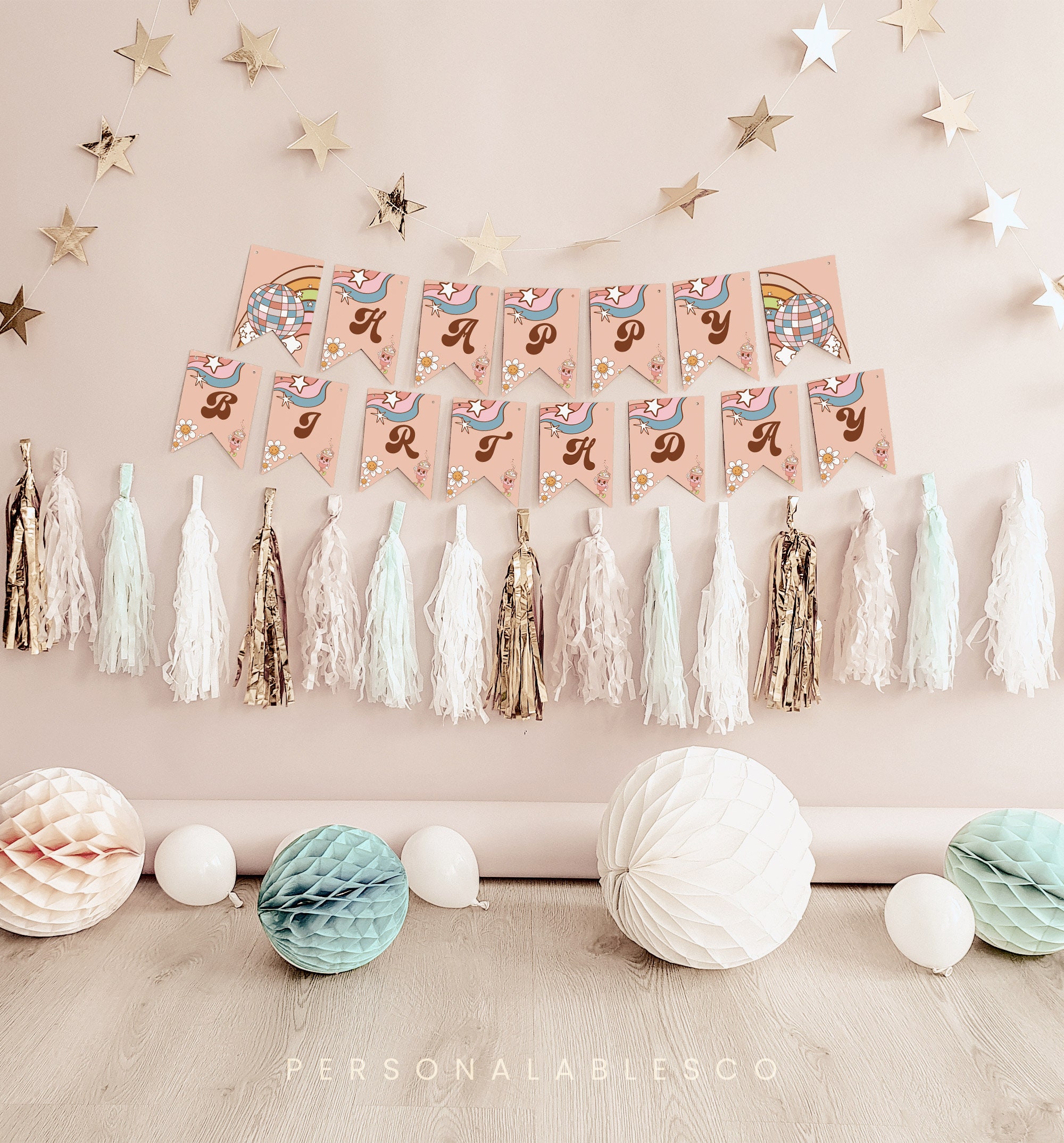 Groovy Happy Birthday Banner Bunting Flags Printable Diy Retro Party ...