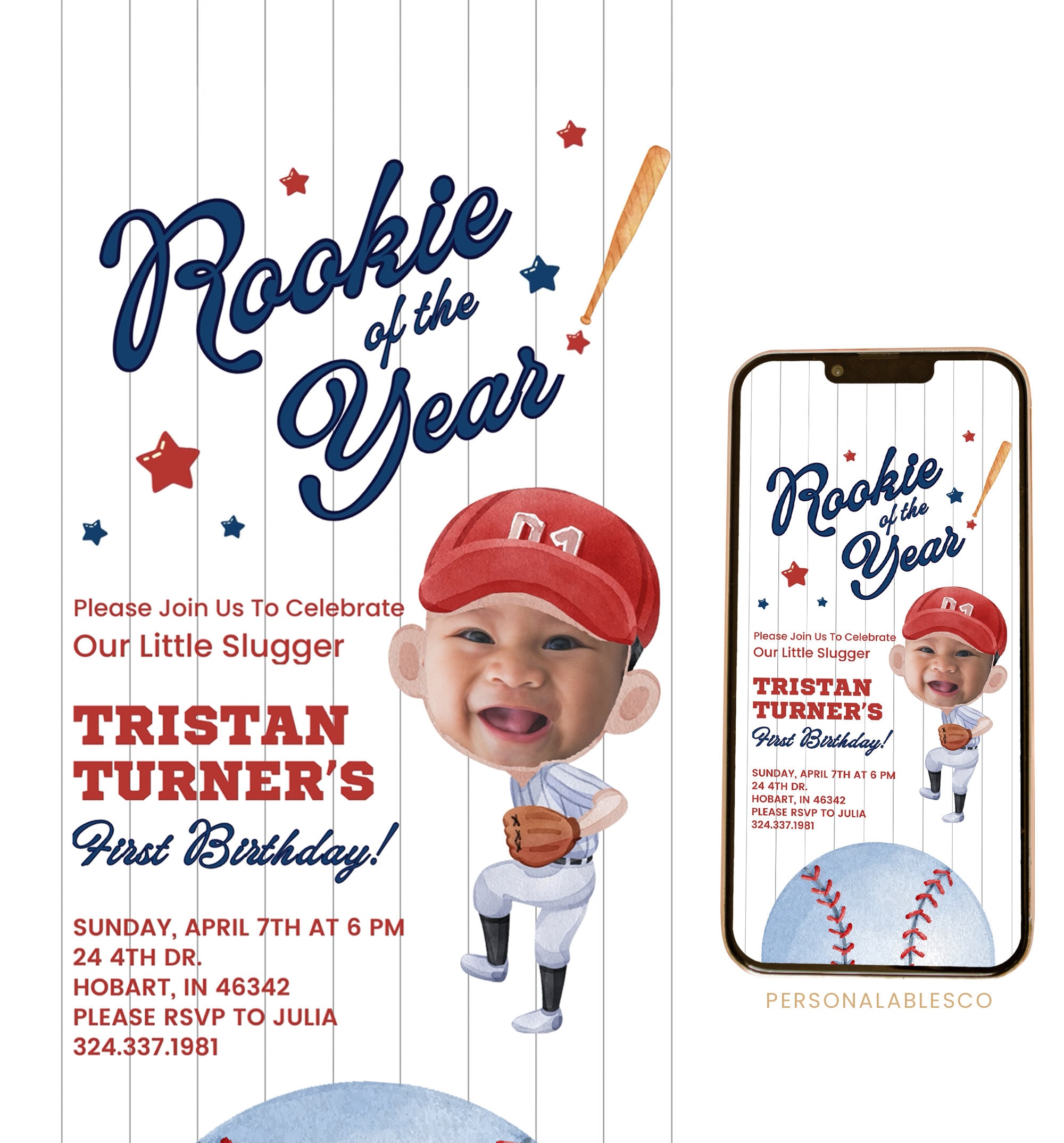 Editable Baseball Invitation First Birthday Party With Picture Rookie ...
