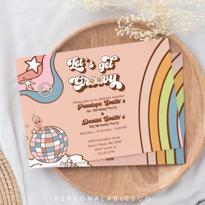Editable Let's Get Groovy Joint Birthday Party Invitation Retro Hippie ...