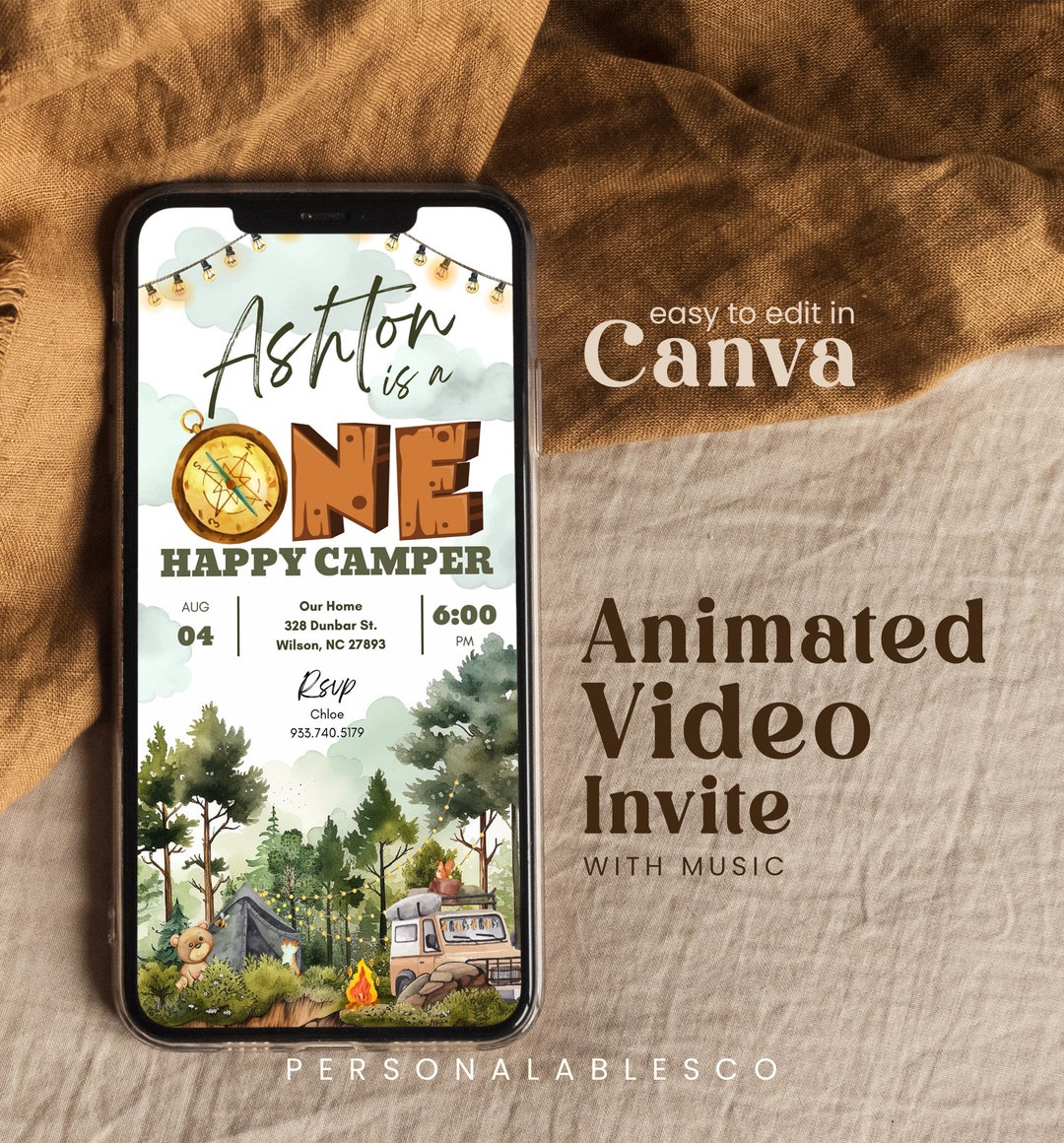 Editable One Happy Camper First Birthday Invitation Template Woodland Animal Theme Boy 1st Bday ...