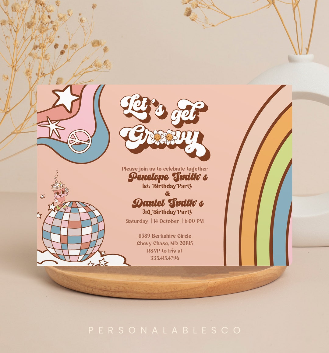 Editable Let's Get Groovy Joint Birthday Party Invitation Retro Hippie ...