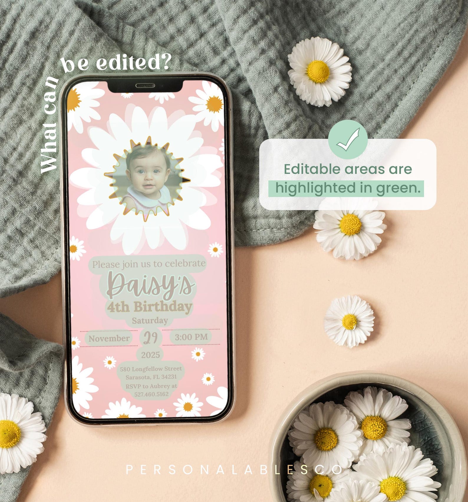 Editable Daisy Pink Any Age Birthday Video Invitation Personalables ...