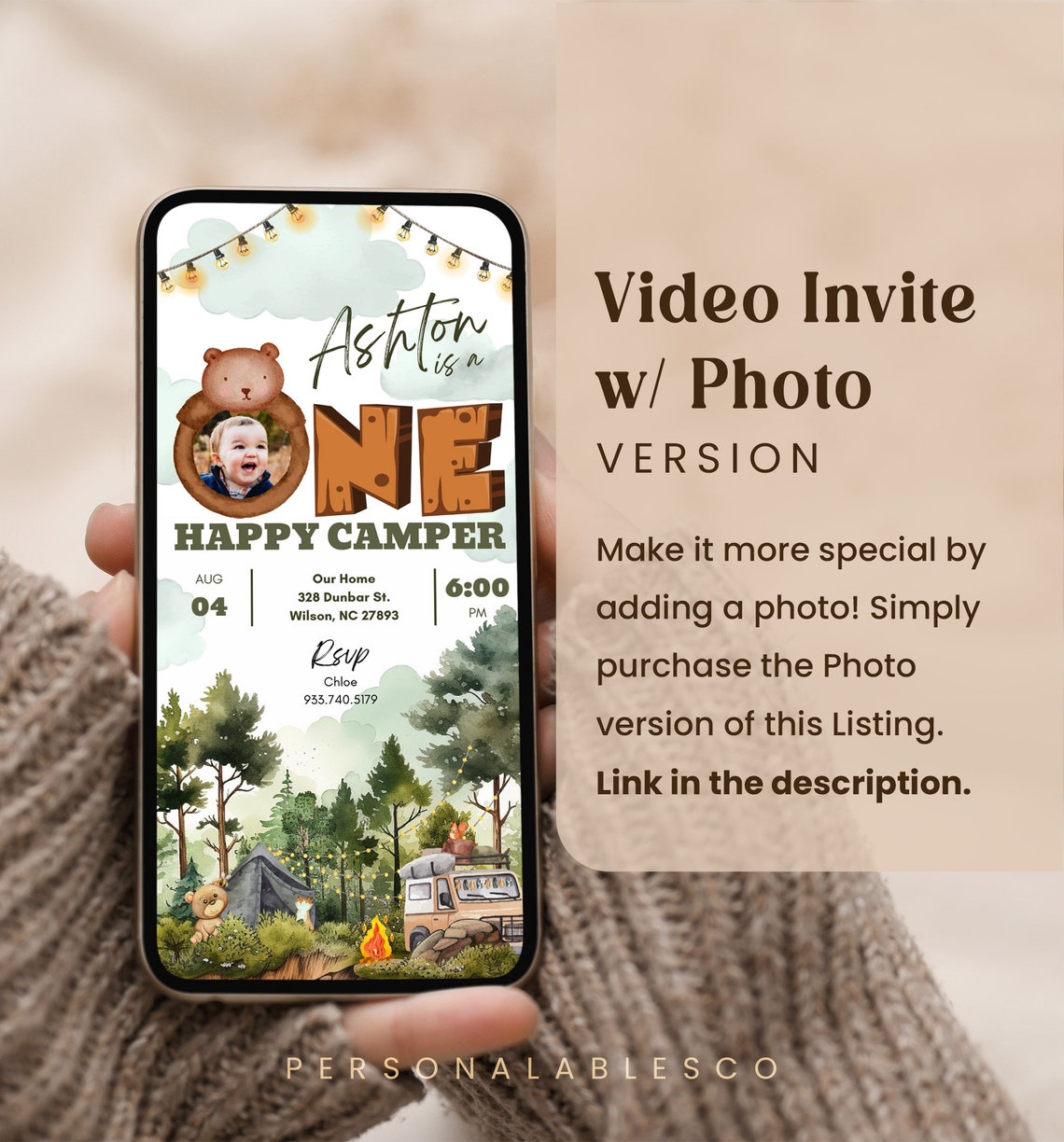 Editable One Happy Camper First Birthday Invitation Template Woodland Animal Theme Boy 1st Bday ...