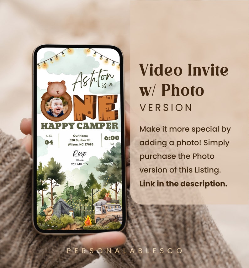 Editable One Happy Camper First Birthday Invitation Template Woodland Animal Theme Boy 1st Bday ...