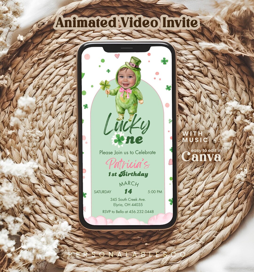 Editable Lucky One Birthday Invitation Photo Animated St Patrick Girl ...