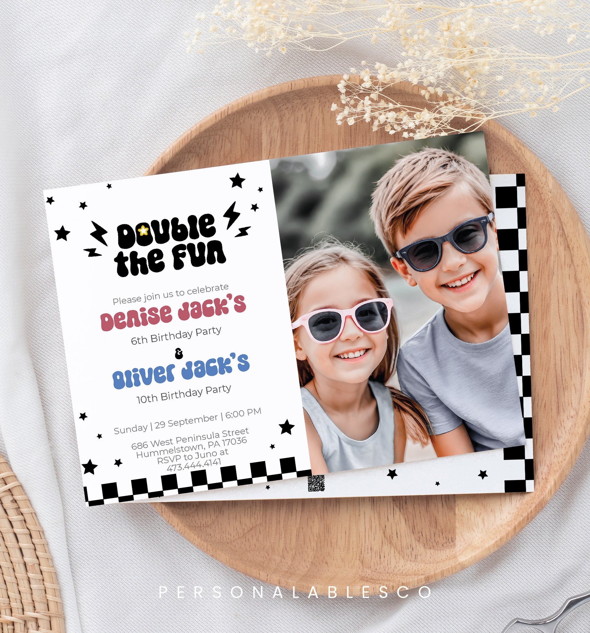 Editable Happy Dude Double Birthday Invitation With Picture Retro 70s ...