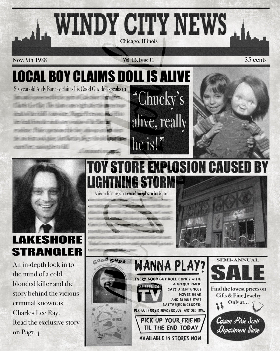 Horror Movie Fan Newspaper Article Print Childs Play Chucky - Etsy