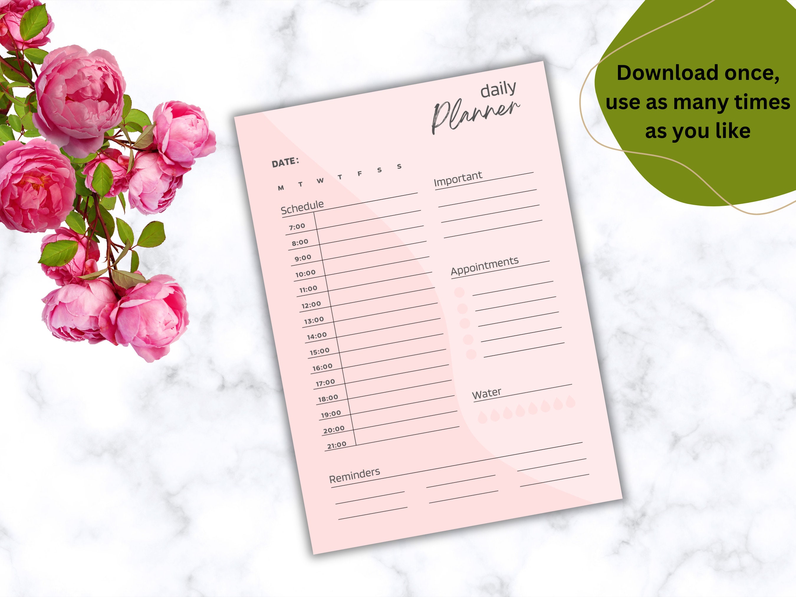 Digital Pink Daily Planner Printable, Productivity Organizer, Weekly ...