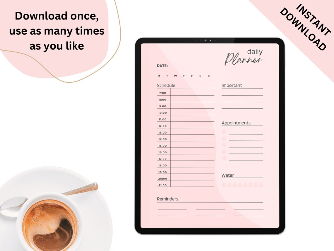 Digital Pink Daily Planner Printable, Productivity Organizer, Weekly ...